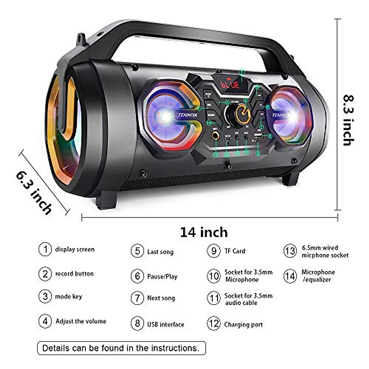 Bluetooth Speakers, 30W Portable Bluetooth Boombox with Subwoofer, FM Radio, RGB Colorful Lights, EQ, Stereo Sound, Booming Bass, 10H Playtime Wireless Outdoor Speaker for Home, Party, Camping, Travel