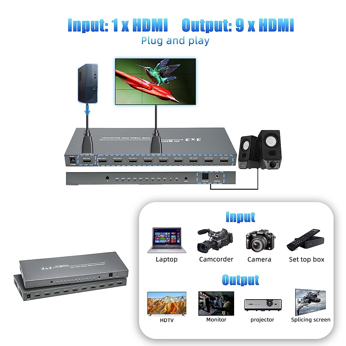 ORIVISION Video Wall Controller, 3x3 HDMI Video Wall Control,4K30 Input 108060 Output with 10 Splicing Modes 2x2,1x1,2x1,3x1,1x2,1x3,2x3,3x2,3x3,2x4, 180°Rotate TV Wall Processor for Mall ...etc.