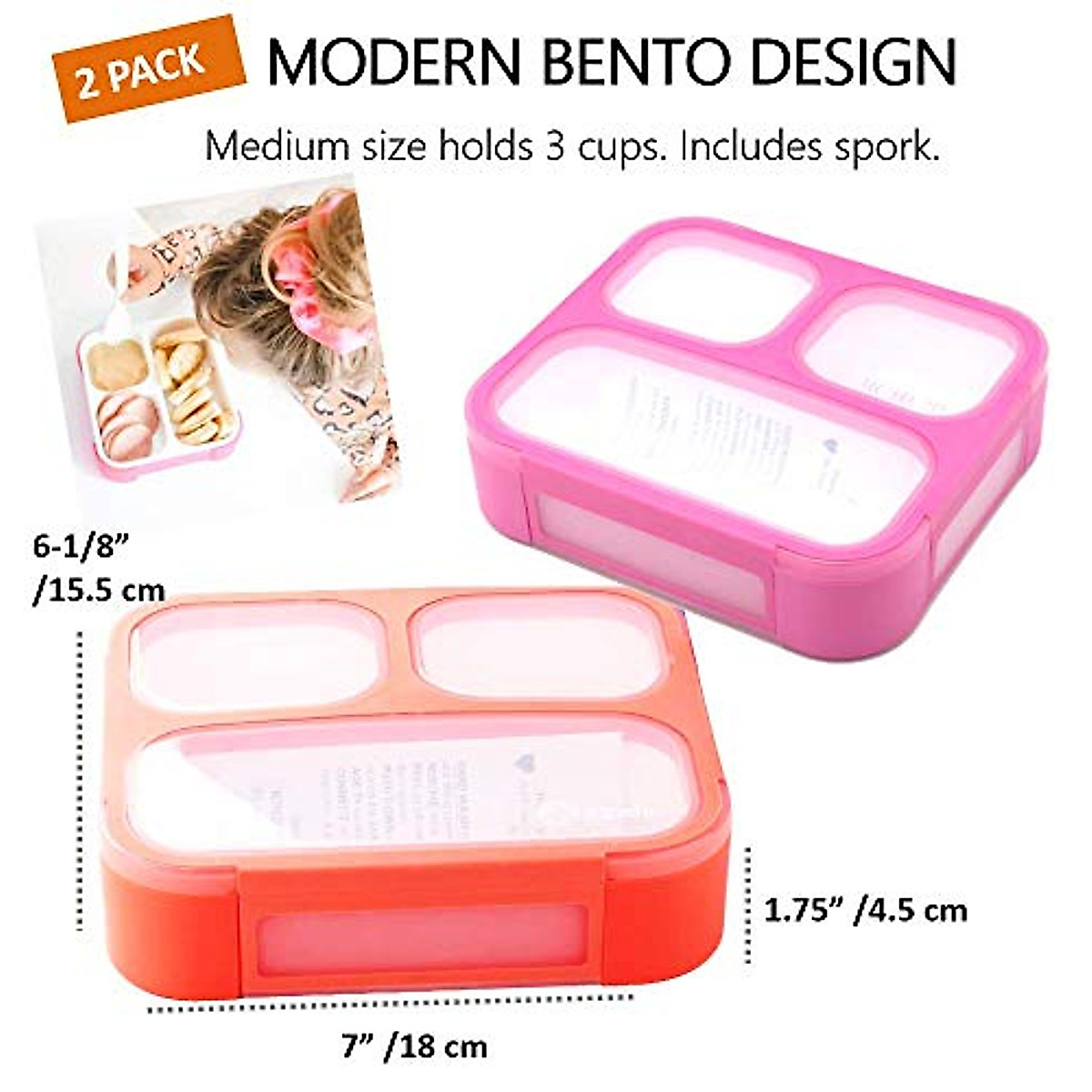 kinsho Bento Box for Kids, Toddler Lunch-Box Snack Container for Small Boys Girls in School Pre-School Daycare, Leakproof 3 Compartment Containers for Snacks, BPA Free. Medium Orange Pink 2 pack