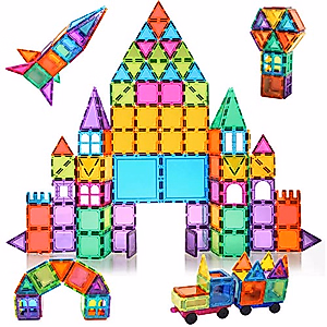 Bmag Magnetic Tiles, 120 PCS Magnetic Building Blocks, 3D Magnet Tiles for Kids Boys Girls, STEM Construction Building Set, Stacking Toys with 2 Car