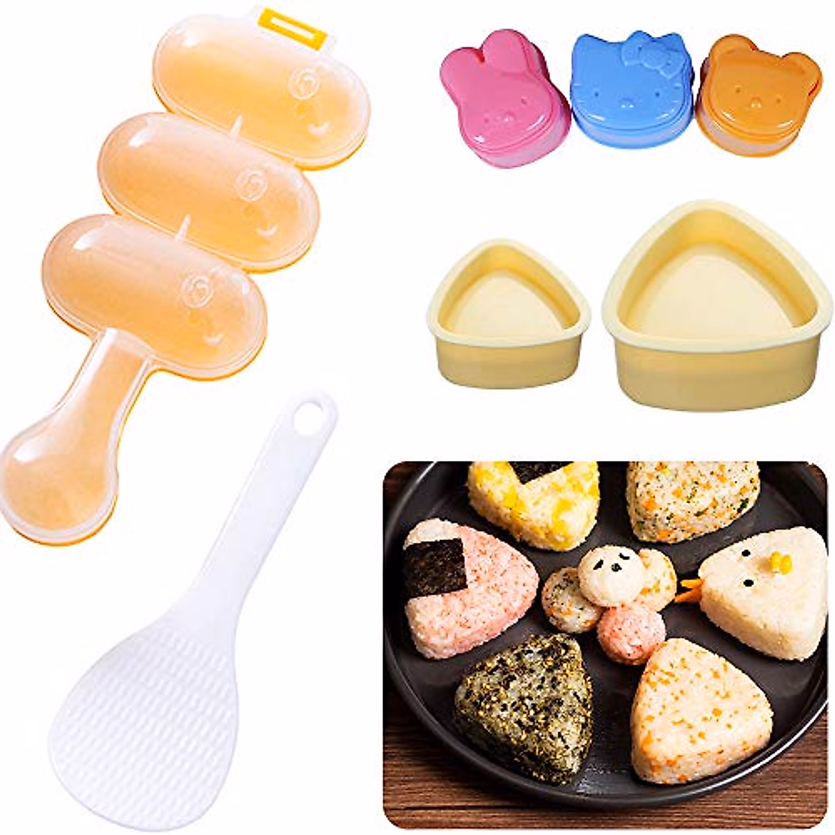 7 Pcs Sushi Maker Tool Set 1 Rice Ball Mold 2 Size Triangle Sushi Mold 3pack Animal Rice Decorating Mold  and 1 Piece Rice Paddle for Home DIY Sushi Making kit