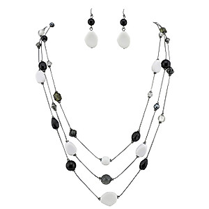 COIRIS 3 Layers Illusion Wire Long Statement Necklace Earrings Set For Women Black White Beaded (N0008-black+white)