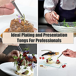 5 Inch Professional Culinary Stainless Steel Precision Tongs with Serrated Tips, Plating/Food Presentation Detailing Serving Tongs, Chef's Kitchen Tweezer Tongs - Ultra Non-Slip Grip