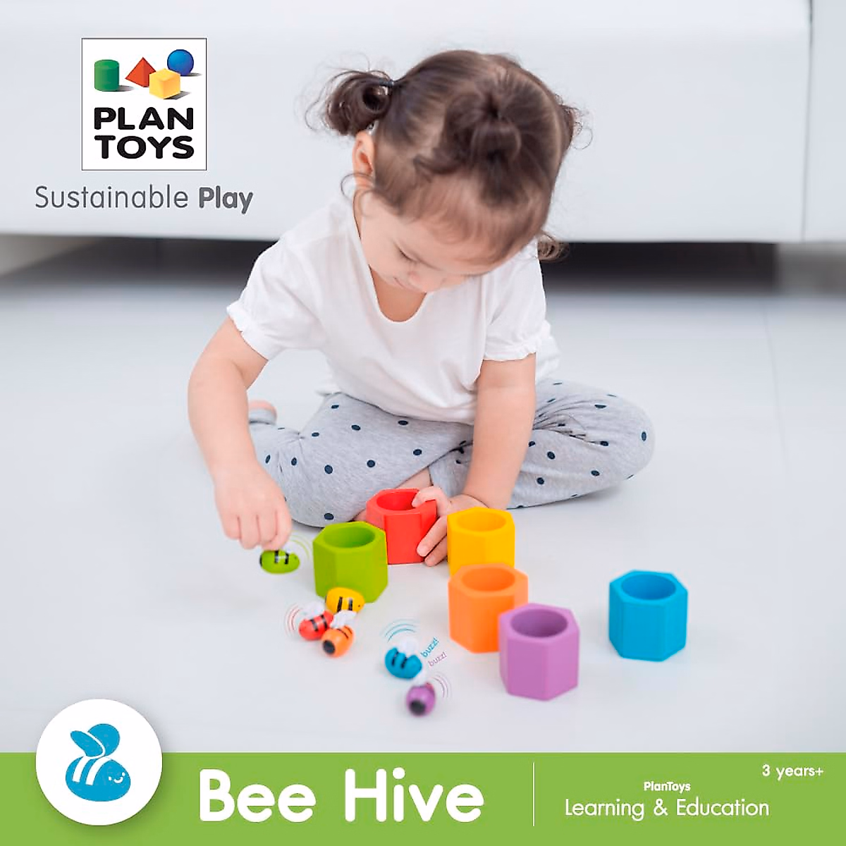 PlanToys Beehive Color Sorting Toy for Toddlers - Sustainably Made from Rubberwood Featuring Organic Coloring with 6 Colored Bees and Matching Beehive