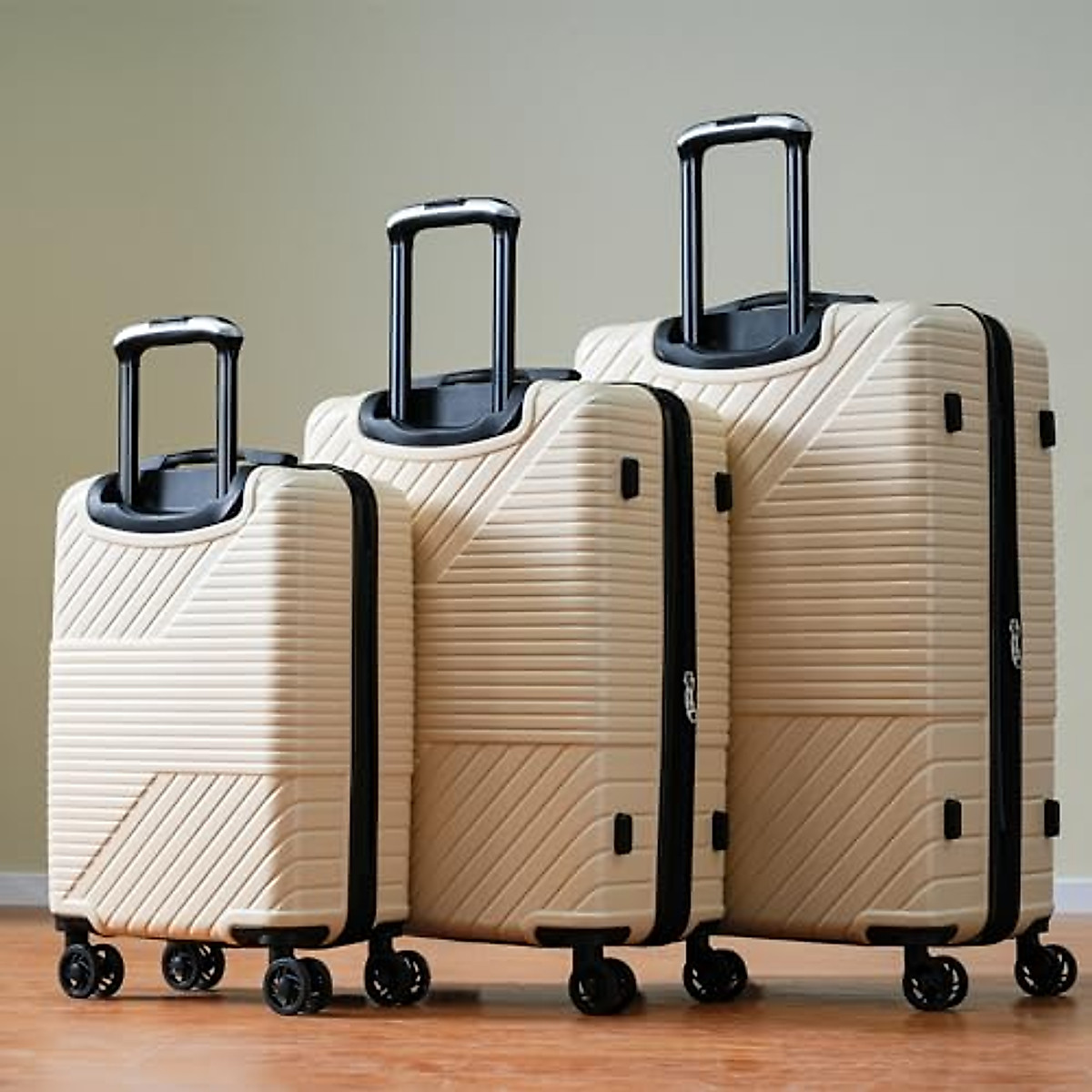 Merax Luggage Sets 3 Piece Suitcases Set ABS Expandable 8 Wheels Spinner Suitcase, TSA Lock Travel Luggage For Man And Women (Cream)