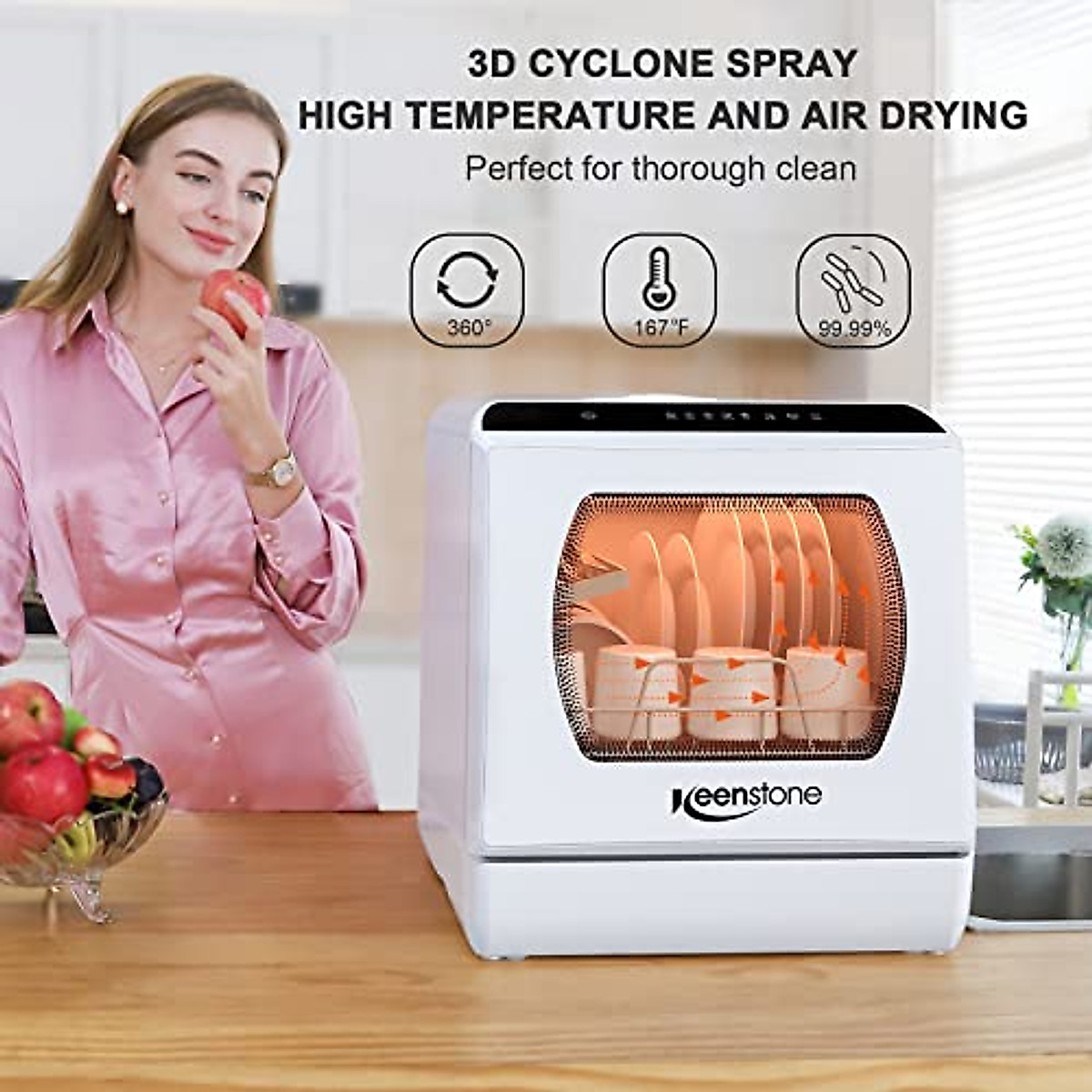 Countertop Dishwasher, Keenstone Portable Dishwasher Countertop with 5 Washing Programs, 360-Degree Dual Spray, Mini Dishwasher Ideal for Apartment, Dorm, 2 Water Supply Modes, Compact and Ergonomic