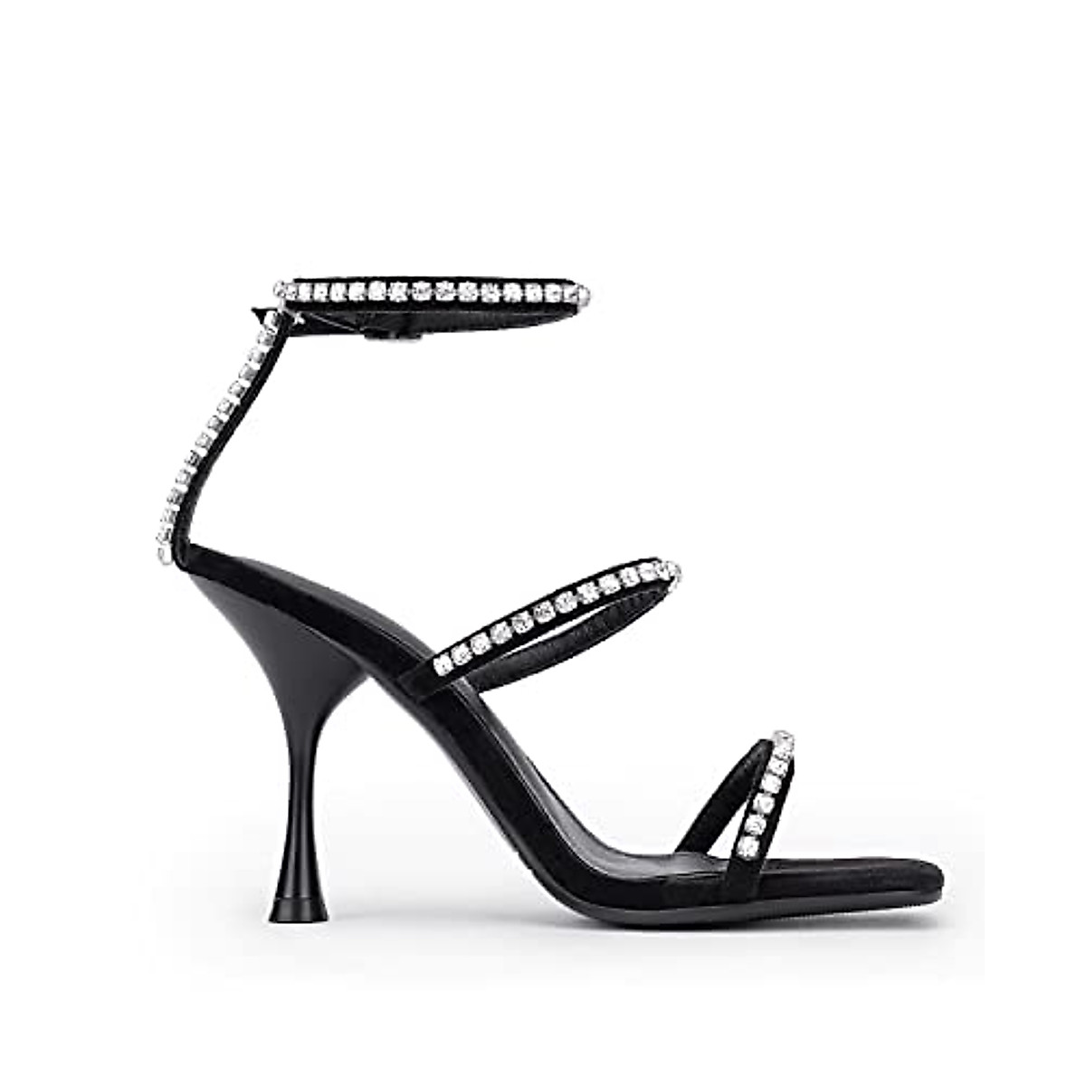 Aituis Women's Bling Rhinestone Heel Sandals Glitter Square Open Toe with Diamond Strap, Ankle Strap Sparkly Stiletto Dressy Sexy Summer High Heeled Shoes for Ladies Girls Party Club Silver, Black