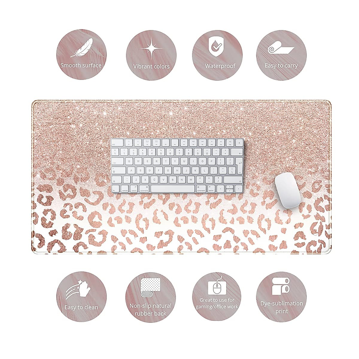 Desk Mat XXL Mouse pad, Pink Rose Gold Leopard Print Office Supplies and Accessories Decor Office for Women 31.5X15.75in,Stitched Edges Smooth and Non-Slip Rubber Bottom, Large Mouse pad for Desk
