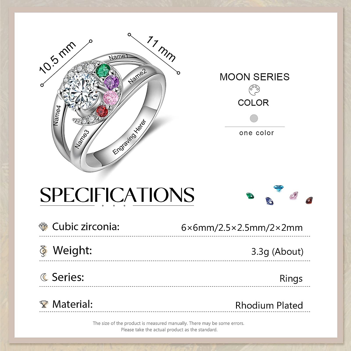 JewelOra Personalized Promise Ring for Her Custom Moon Engagement Ring with Simulated Birthstones Engraved Names Wedding Ring Jewelry Gift for Women Mom(4 names, 9)