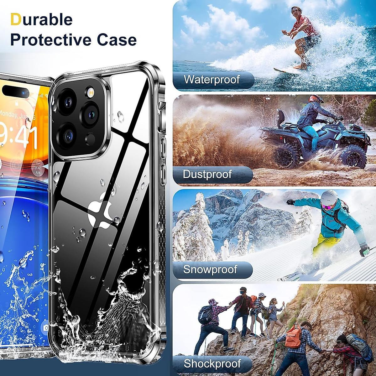 Humixx for iPhone 15 Pro Max Case Clear Waterproof Phone Case, Built-in Lens & Screen Protector, [Full-Body Shockproof] [IP68 Underwater] Dustproof Snowproof Protective Case, Clear