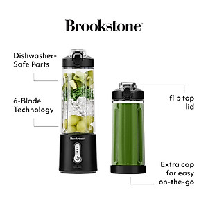 Brookstone 500mL Compact Portable Blender with Additional Lid for On-the-Go Convenience - Personal Blender Perfect for Shakes, Smoothies, Food Prep, and Frozen Blending, BPA-Free (Black)