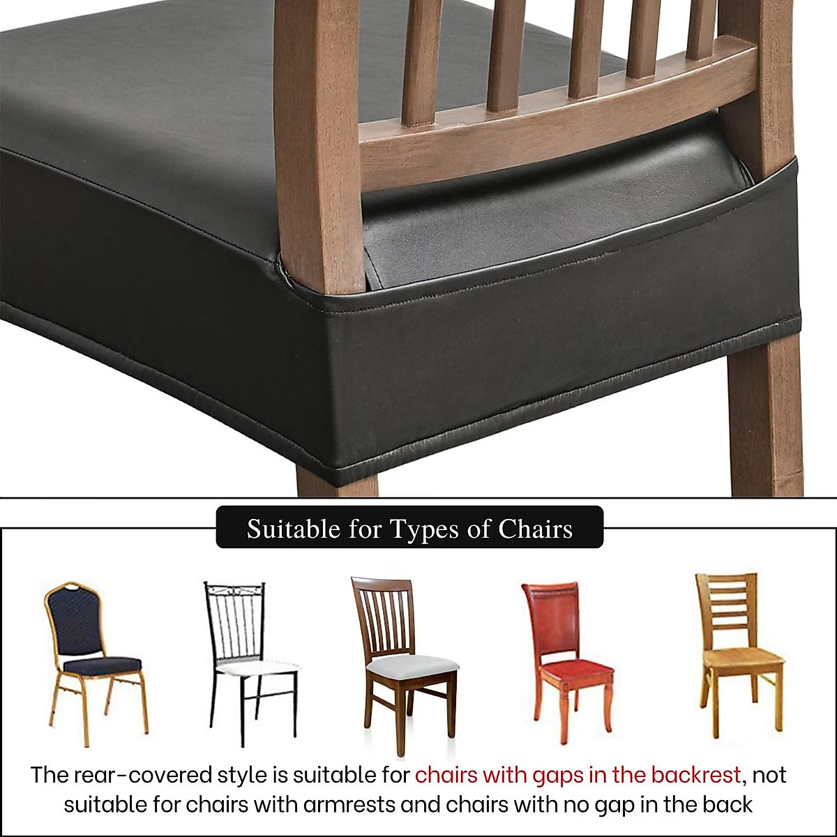 NILUOH Waterproof Seat Covers for Dining Room Chairs Set of 2, Pu Leather Chair Seat Slipcovers Dining Chair Cover Removable Washable Chair Protctor Cover, Rear Covers (PU-Black)