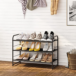 Simple Trending 3-Tier Stackable Shoe Rack, Expandable & Adjustable Fabric Shoe Shelf Storage Organizer, Black