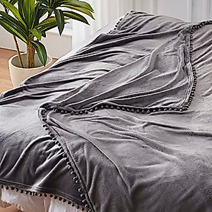 HARBOREST Fleece Bed Blanket with Pompom Fringe Queen Size Dark Grey Blanket,Lightweight Breathable All Season Blanket for Bed, Couch, Travel,90"x90"
