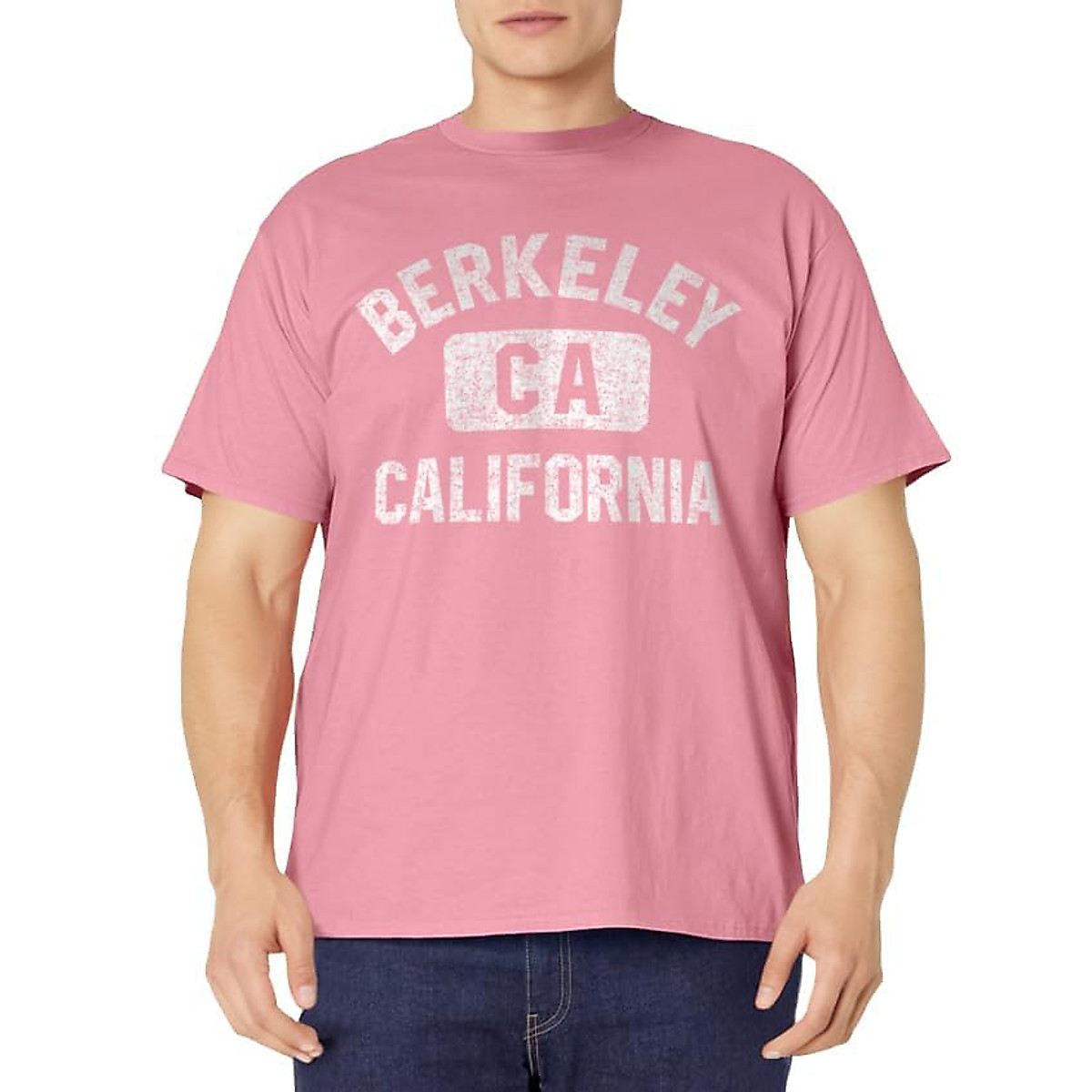 Berkeley California Gym Style Pink w Distressed White Print T-Shirt