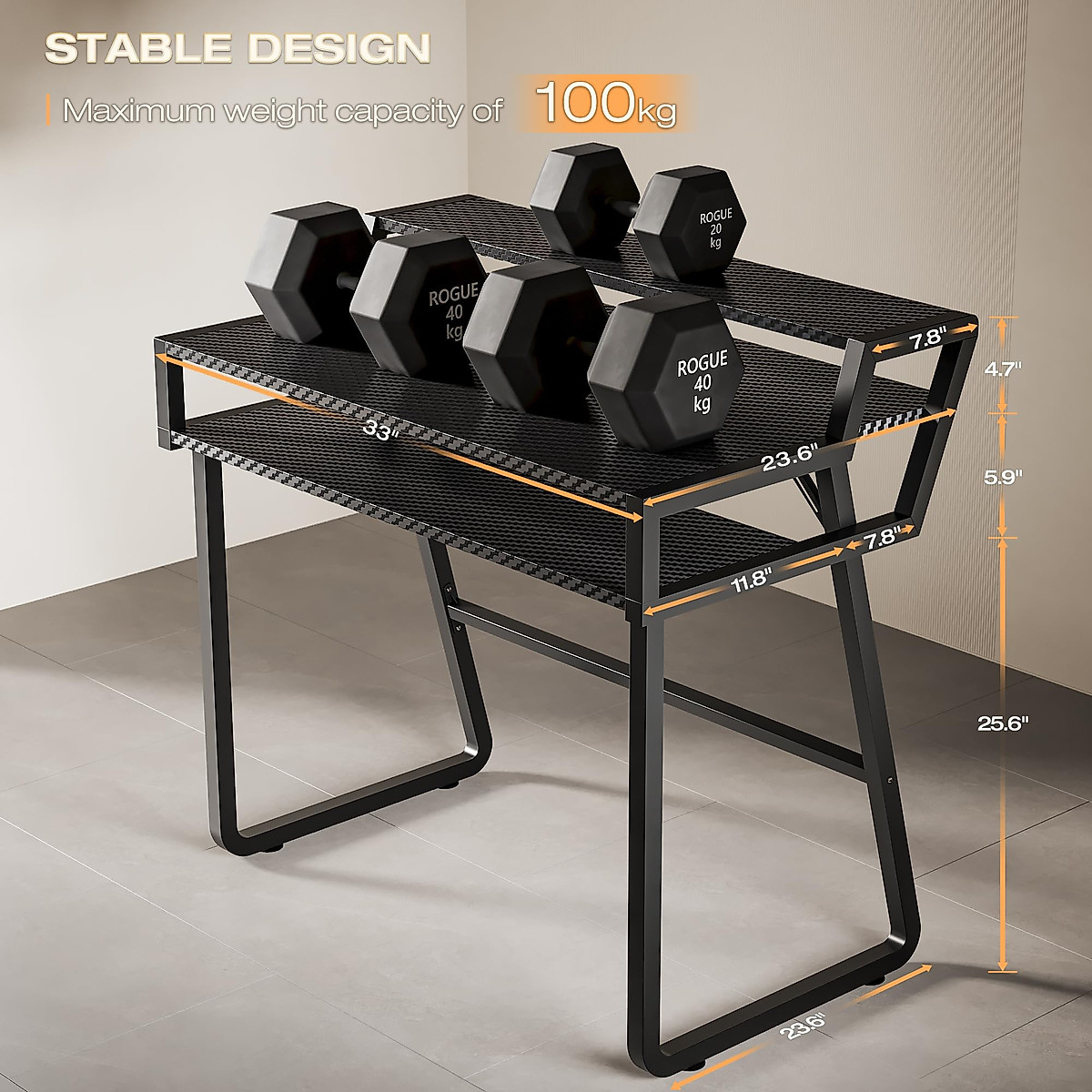 ZhengKai OS Gaming Computer Desk–33 Inch Ergonomic Home Office Desk with 3-Tier Design, Large Carbon Fiber Surface, 1mm Steel Tube Frame, Cup Holder, and Headphone Hook – Black (Black)