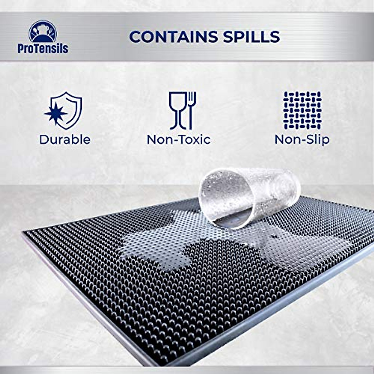 Rubber Bar Mat by ProTensils, 18" x 12", Black Bar Mats, Bar Service Mat, Black Coffee Bar Mat, Spill Mat for Counter-Top (2 Pieces)