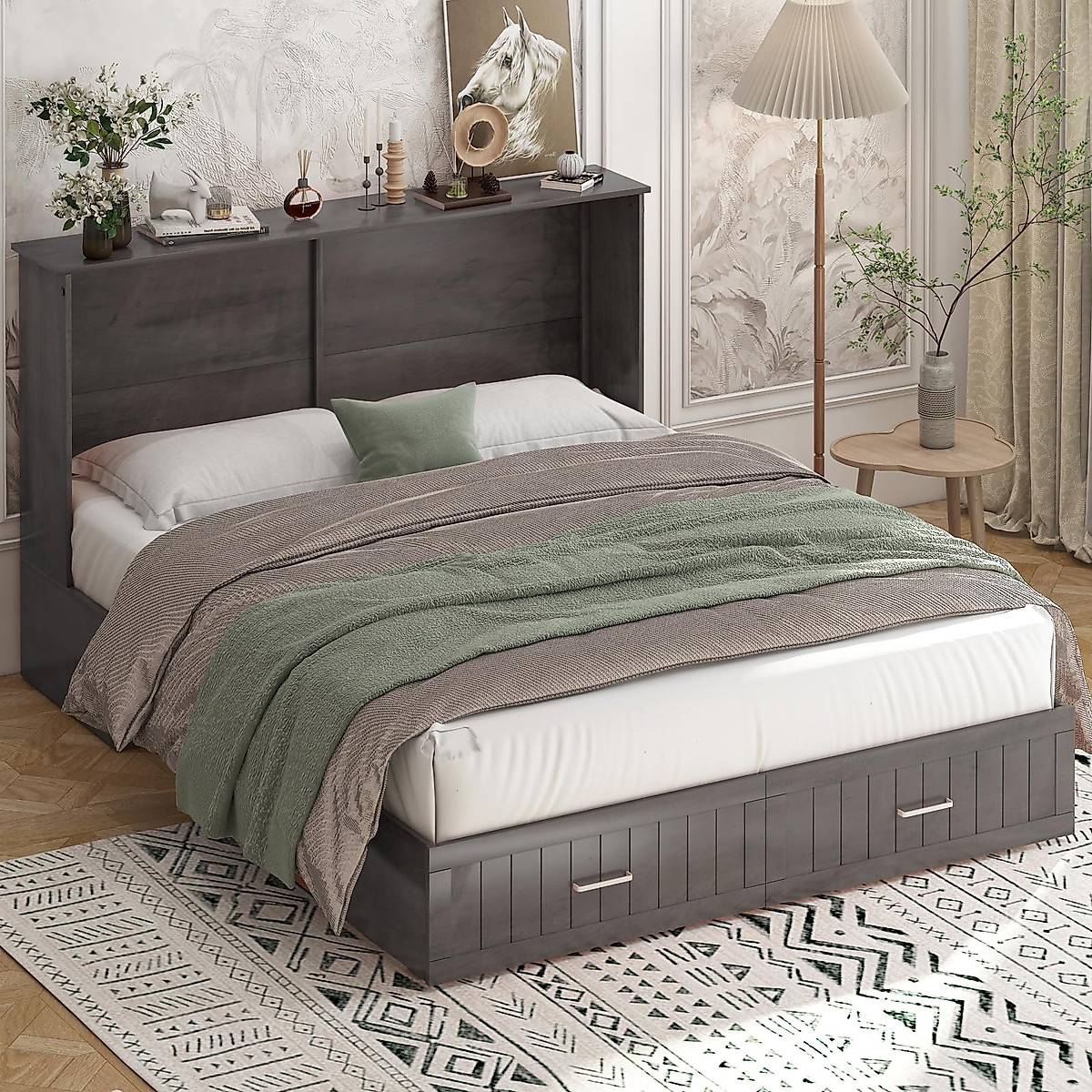 PUREMIND Murphy Bed Cabinet with Built-in Charging Station and Storage Drawer, Solid Wood Cabinet Bed Queen Size with Mattress, Murphy Cube Chest Bed for Guest Room, Home, Office,Gray