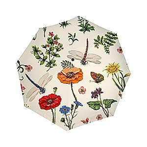 Baegutly Compact Folding Umbrella Dragonfly Beige Floral Flowers Rustic Country Garden Auto Open for Backpack Purse Travel Sun Rain Windproof Kid Women Men