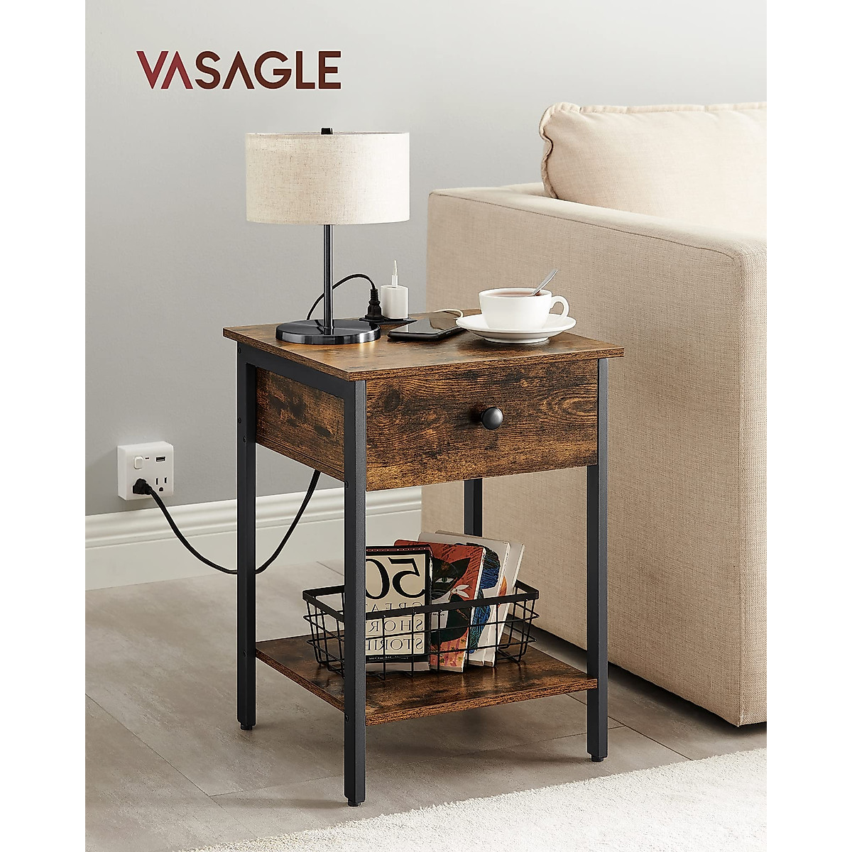 VASAGLE Nightstand with Charging Station, Side Table with Drawer and Open Shelf, End Table, for Bedroom, Easy Assembly, Industrial, Plug-in Series, Rustic Brown and Black ULET513B01