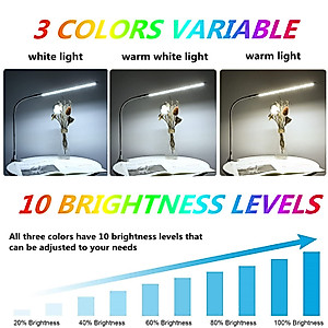 lishumei LED Desk Lamp with Clamp, 3 Modes 10 Brightness 360° Rotation Eye-Caring Reading Light, Long Flexible Gooseneck, Architect Task Lamp, USB Clamp Light for Home Office Manicure Reading