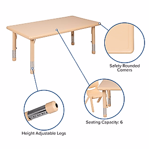 EMMA + OLIVER 24" W x 48" L Rectangle Natural Plastic Adjustable Activity Table Set - 6 Chairs