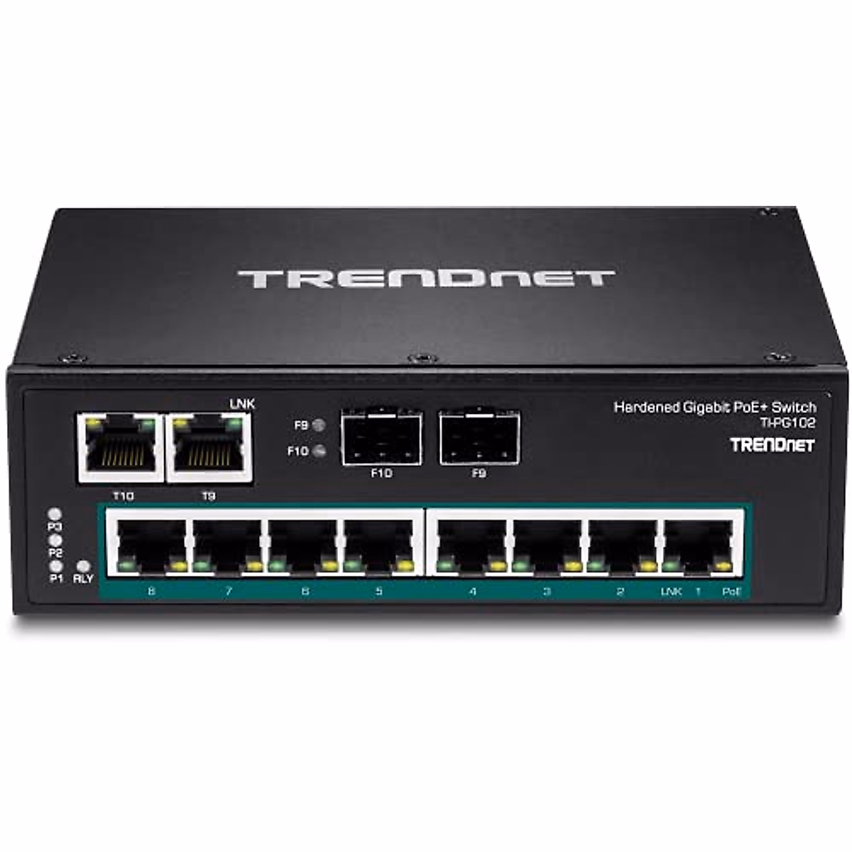 TRENDnet 10-Port Industrial Gigabit PoE+ DIN-Rail Switch, 8 x Gigabit PoE+ Ports, DIN-Rail Mount, 2 x SFP Slots, 240W PoE Power Budget, Network Switch, IP30, QoS, Lifetime Protection, Black, TI-PG102