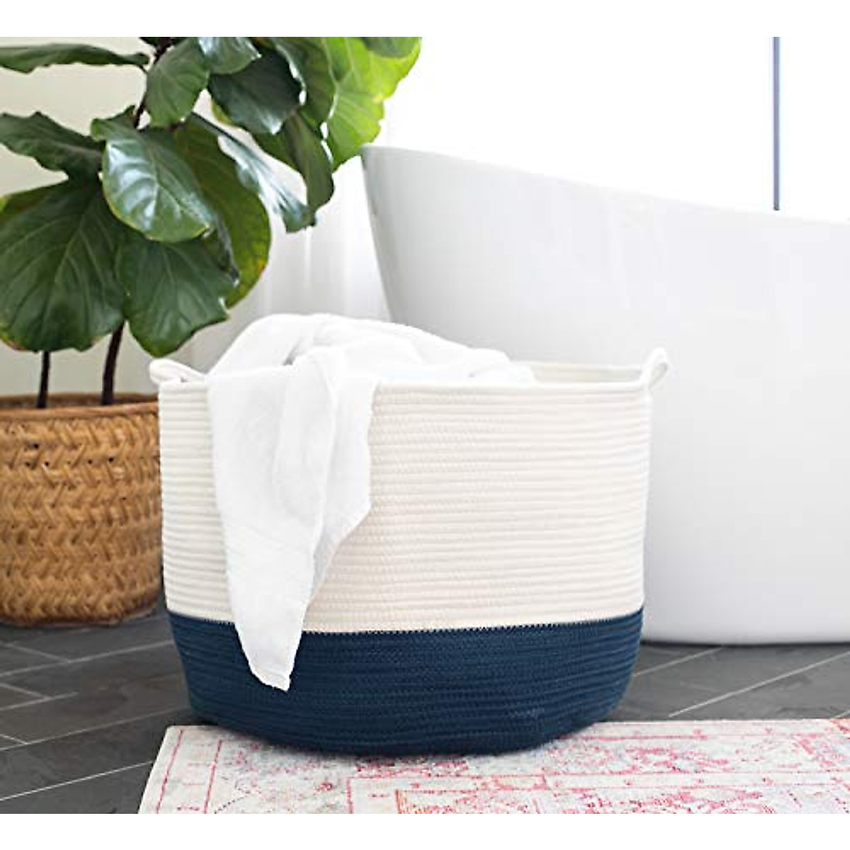 Chloe and Cotton XXXL Extra Large Woven Rope Storage Basket 15 x 21 inch Navy White Handles | Decorative Laundry Clothes Hamper, Blanket, Towel, Baby Nursery Diaper, Toy Bin Cute Collapsible Organizer
