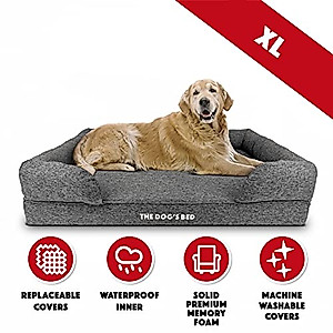 The Dog’s Bed Orthopedic Dog Bed XL Grey Poly-Linen 43.5x34, Memory Foam, Pain Relief: Arthritis, Hip & Elbow Dysplasia, Post Surgery, Lameness, Supportive, Calming, Waterproof Washable Cover