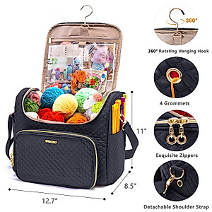 MYBAGZING Crochet Bag Organizer, Quilted Crochet Storage Bag with Hanging Hook, Yarn Bags for Crocheting, Yarn Holder, Knitting Bag, Yarn Tote for Crochet Accessories, Crochet Gift Mother's Day Gift