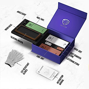 Extra Large Knife Sharpening Stone Kit - YEOPASDA Thicker 3 Side Grit 400/1000/6000 Wet Stone - Whetstone Knife Sharpener Stone Set with Non-Slip Wood Base, Angle Guide, Cut Resistant Gloves