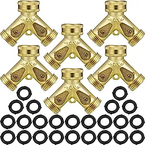 6 Pieces Heavy Duty Garden Hose Connector Y Tap Splitter Garden Hose Splitter Water Faucet Splitter 2 Way Outdoor Hose Faucet Adapter 2 Valves Hose Spigot Adapter Plus 24 Extra Rubber Washers