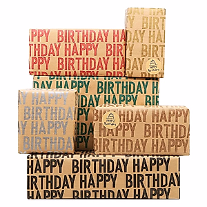 Happy Birthday Wrapping Paper For Boys Men Adults Women Kids Girls,Gift Wrapping Paper Recycled Kraft,19.7 x 27.6 inches Per Flat Sheet (12 sheets: 45 sq. ft. ttl.)With Jute Strings, Stickers,Tapes and Bows for Birthday Celebrate Occasions