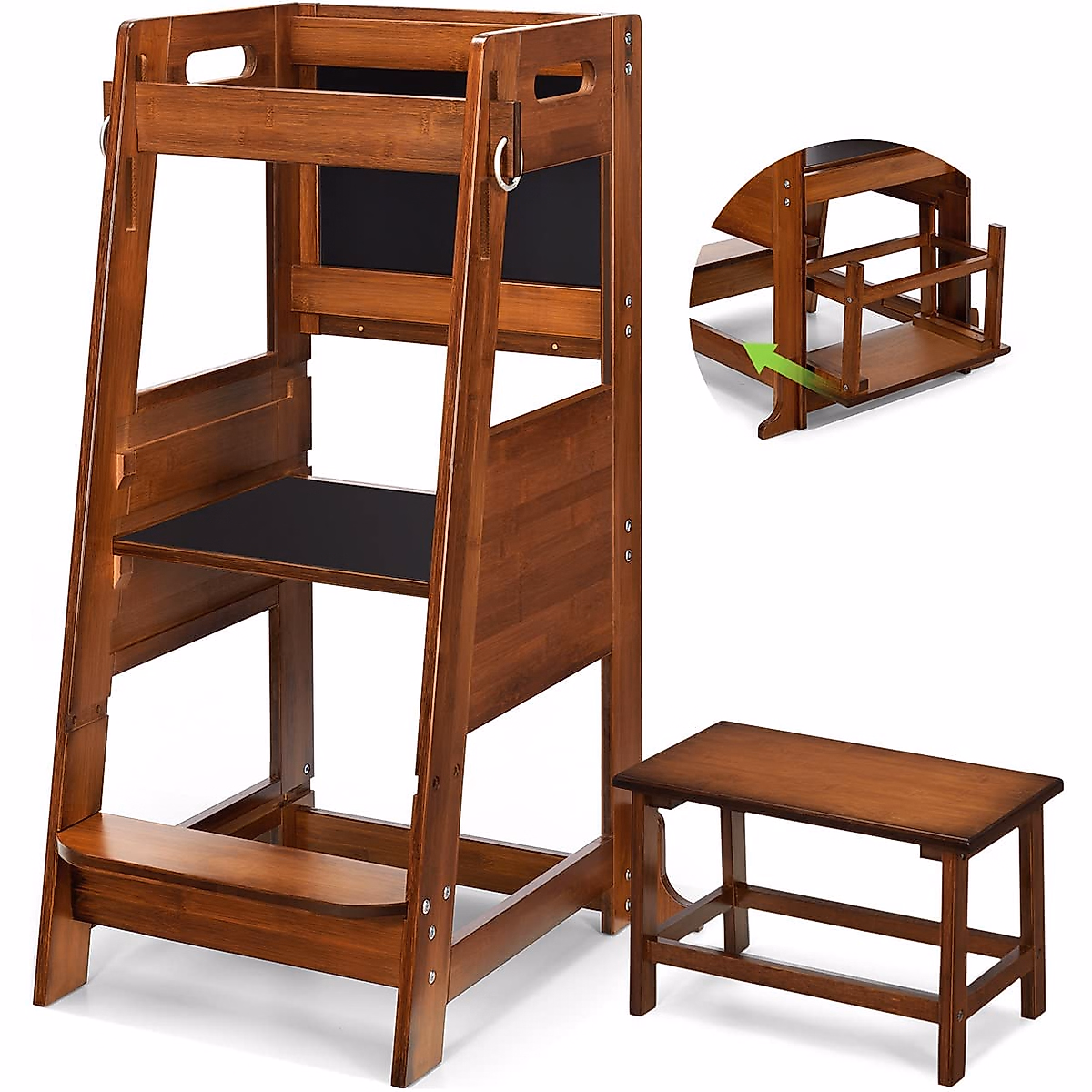 TOETOL Bamboo Toddler Step Stool Learning Kitchen Stool Standing Tower for Toddler Kitchen Counter Helper Stool 3 Height Adjustable with Activity Chalkboard and Whiteboard Message Boards,Non-Slip Mat