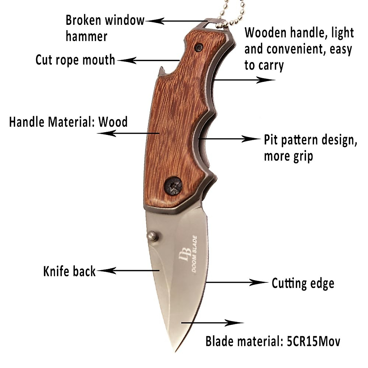 DOOM BLADE Folding Pocket Knife with Wood Handle,7Cr13Mov Hard Steel Blade,Hunting EDC Knife Multi-tool Survival Knife with Keychain and Bottle Opener,Lightweigt,for Outdoor Camping (Type-2)