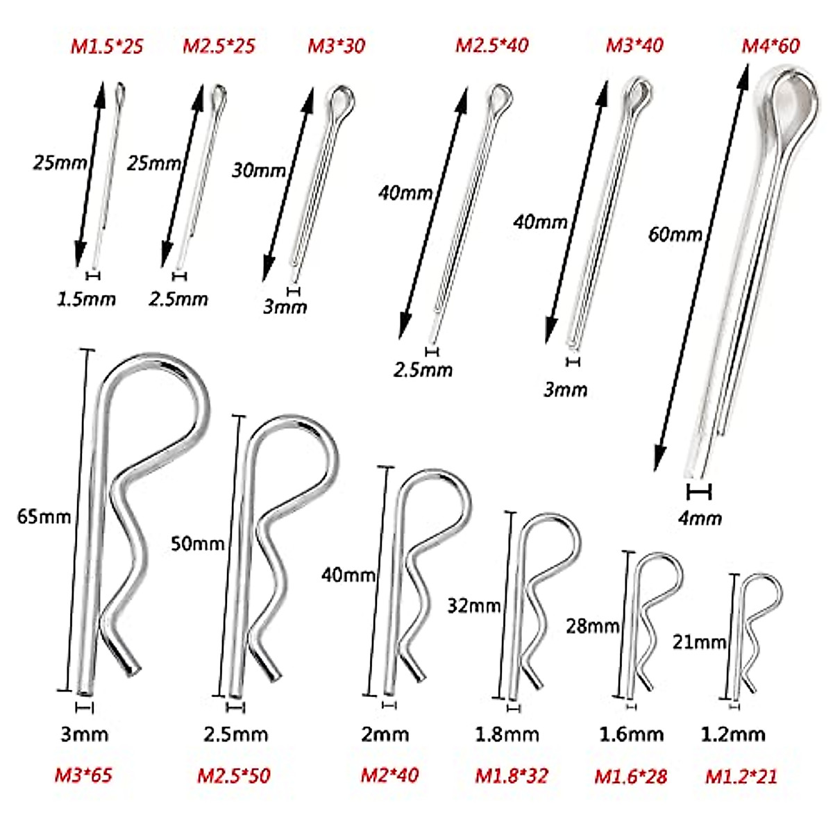 60 Pcs Cotter Pin Hair Pin Assortment Kit, Zinc Plated R Clip Key Fastener Fitting Set for Use on Hitch Pin Lock System Automotive Marine Tractors Mower Carts Truck Engine Repair, 12 Size 2 Style
