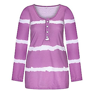 ESKNAS Womens Pullover Tops Autumn Tie-Dye Stripe Print Long Sleeve T-Shirts Button Scoop Neck-Henley Shirts (Purple,L)