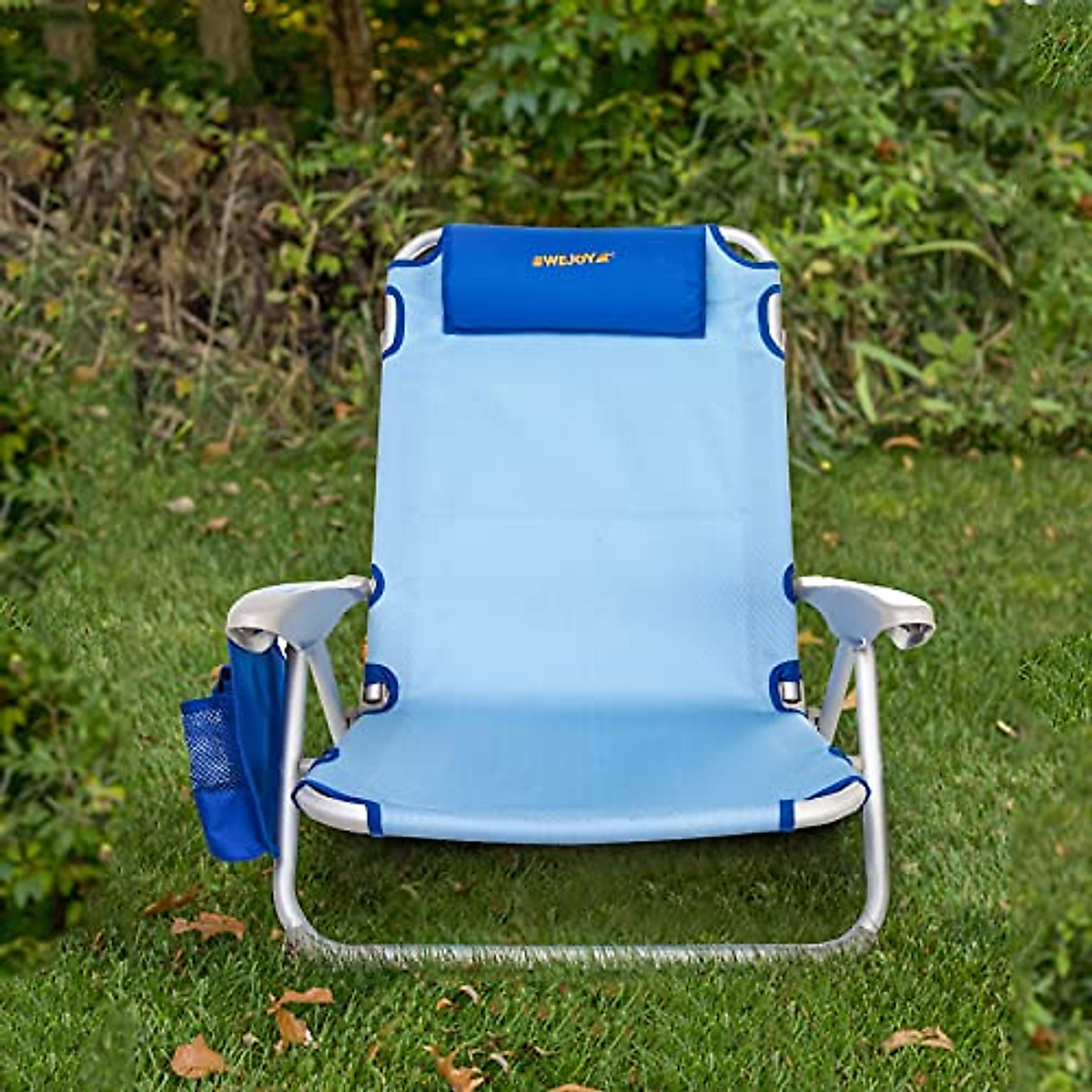 #WEJOY Aluminum Folding Beach Chairs Lightweight Portable Beach Chair Adjustable Lay Flat 4-Position Low Profile Lawn Chairs for Concerts, Sand, Camping Outdoor Chairs with Backpack Strap, Lightblue