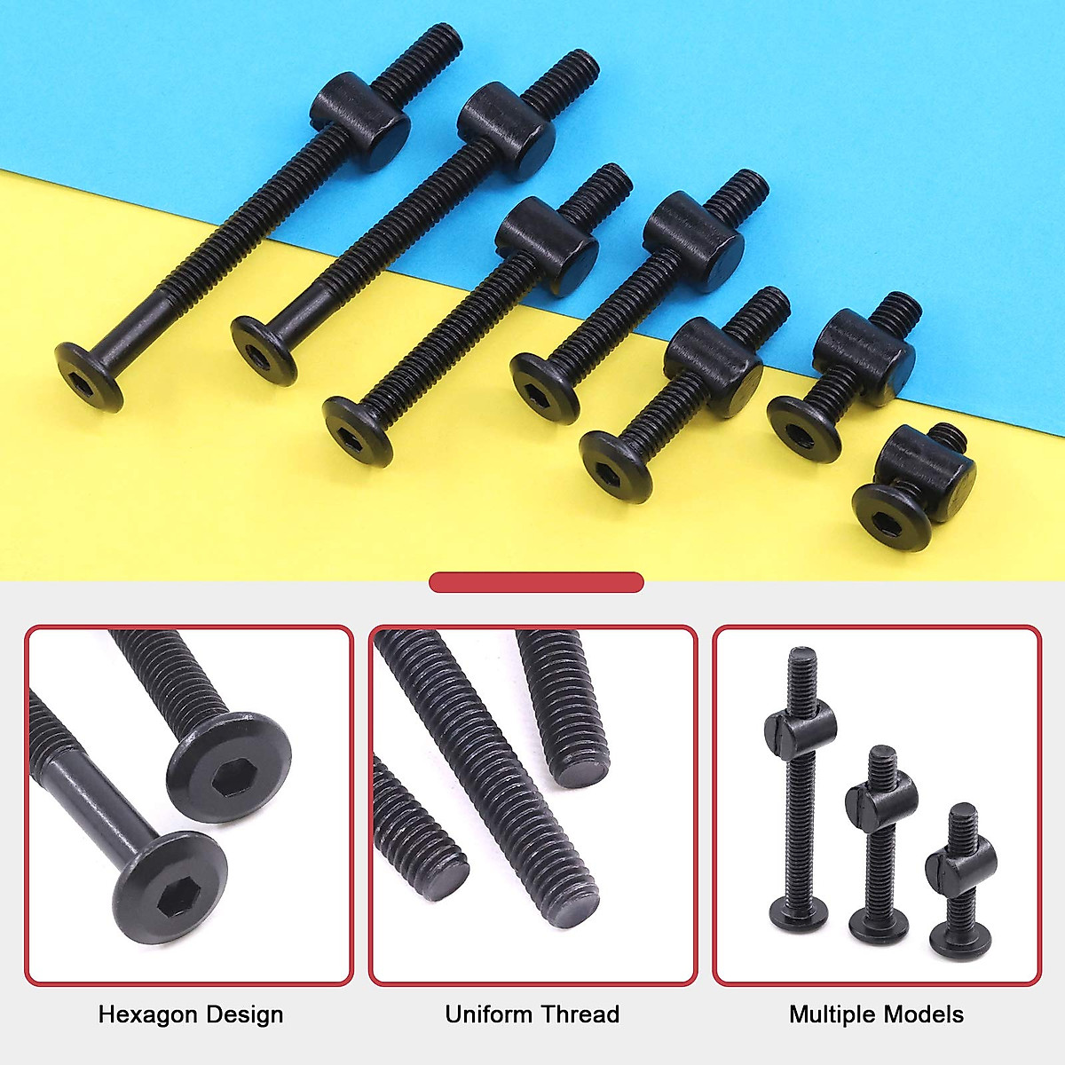 Hilitchi M6 140Pcs Black Hex Socket Head Screws Bolts Barrel Nuts Hardware Assortment Kit for Crib Baby Bed Furniture Cots and Chairs (15-75mm Assortment Kit)