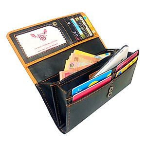 Leather Book® LW-1802 TAJ Leopard Ladies Wallet|11 card slots|1 card window|4 slide pockets|1 zip compartment pocket| 1 back silver metal zip pocket | Black, Tan Cowhide & Jersey leopard Print Leather