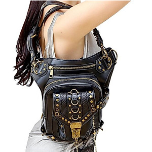 Wendin Rock Leather & Vintage Gothic Retro Steampunk Handbag Victorian Style Shoulder Waist Bag Black