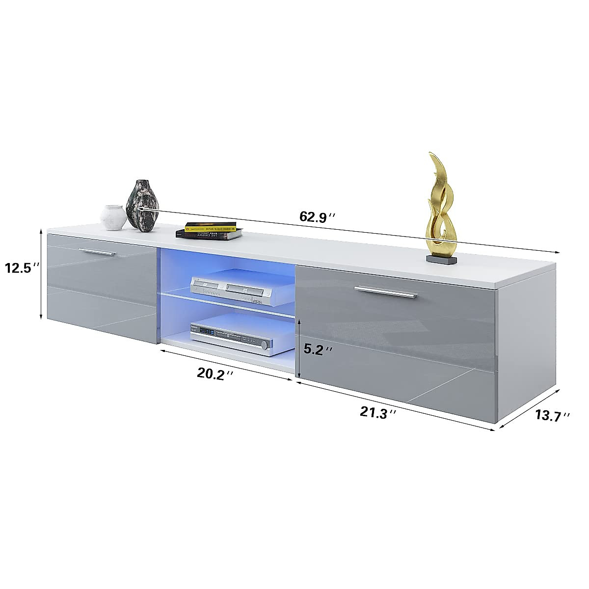 COSVALVE TV Stand for Living Room with LED & Grey Doors, Modern Television Stands for 70 Inch TV, High Gloss Entertainment Center with Storage, Media Console Table with Display Shelves