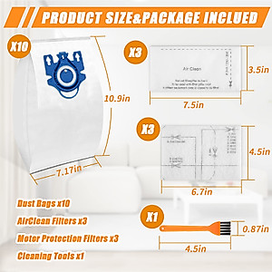 10 Pack Vacuum Cleaner Bags For Miele Gn Vacuum Cleaner With 3 Pcs Motor Protection Filters and 3 Pcs Air Clean Filters，Compatible with Miele GN Classic C1 Complete C1 Complete C2 Complete C3 S2 S5 S8