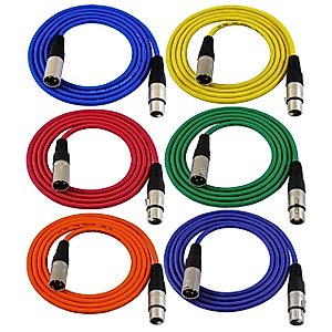 GLS Audio 6ft Patch Cable Cords - XLR Male to XLR Female Color Cables - 6' Balanced Snake Cord - 6 Pack