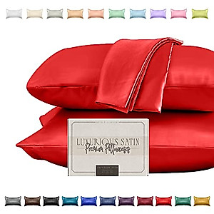 Elegant Comfort Silky and Luxurious 2-Piece Satin Pillowcase Set for Healthier Skin and Hair, Hidden Zipper Closure and Beautifully Packaged, Satin Pillowcase Set, Standard/Queen, Red
