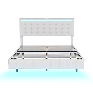 VilroCaz Queen Size Upholstered Platform Bed with LED Lights and USB Charging, Floating Bed Frame Mattress Foundation with Sturdy Slatted Support, No-Noise Design (White-Float)