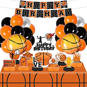 76pcs Basketball Birthday Party Decorations with Basketball Banner Honeycomb Centerpiece Basketball Balloons Cake Topper Tablecloths for Boys Basketball Theme Party Decorations