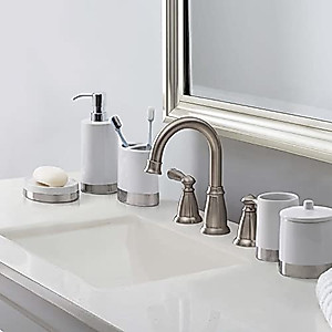 Motifeur Bathroom Accessories Set, 5-Piece Ceramic Bath Accessory Complete Set with Lotion Dispenser/Soap Pump, Cotton Jar, Soap Dish, Tumbler and Toothbrush Holder (White and Silver)