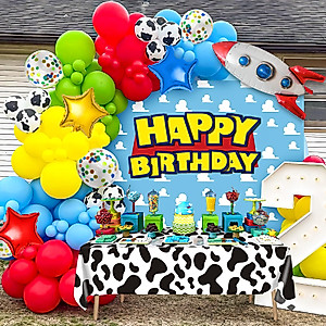 Winrayk 154Pcs Toy Inspired Story Birthday Party Decorations Supplies for Kids Teen, Balloon Arch with Backdrop Tablecloth Cow Print Balloons Star Rocket, Cartoon Game Girls Boys Birthday Party Decor