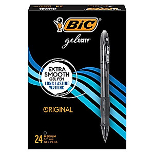 BIC Gel-ocity Original Black Gel Pens, Medium Point (0.7mm), 24-Count Pack, Retractable Gel Pens With Comfortable Grip